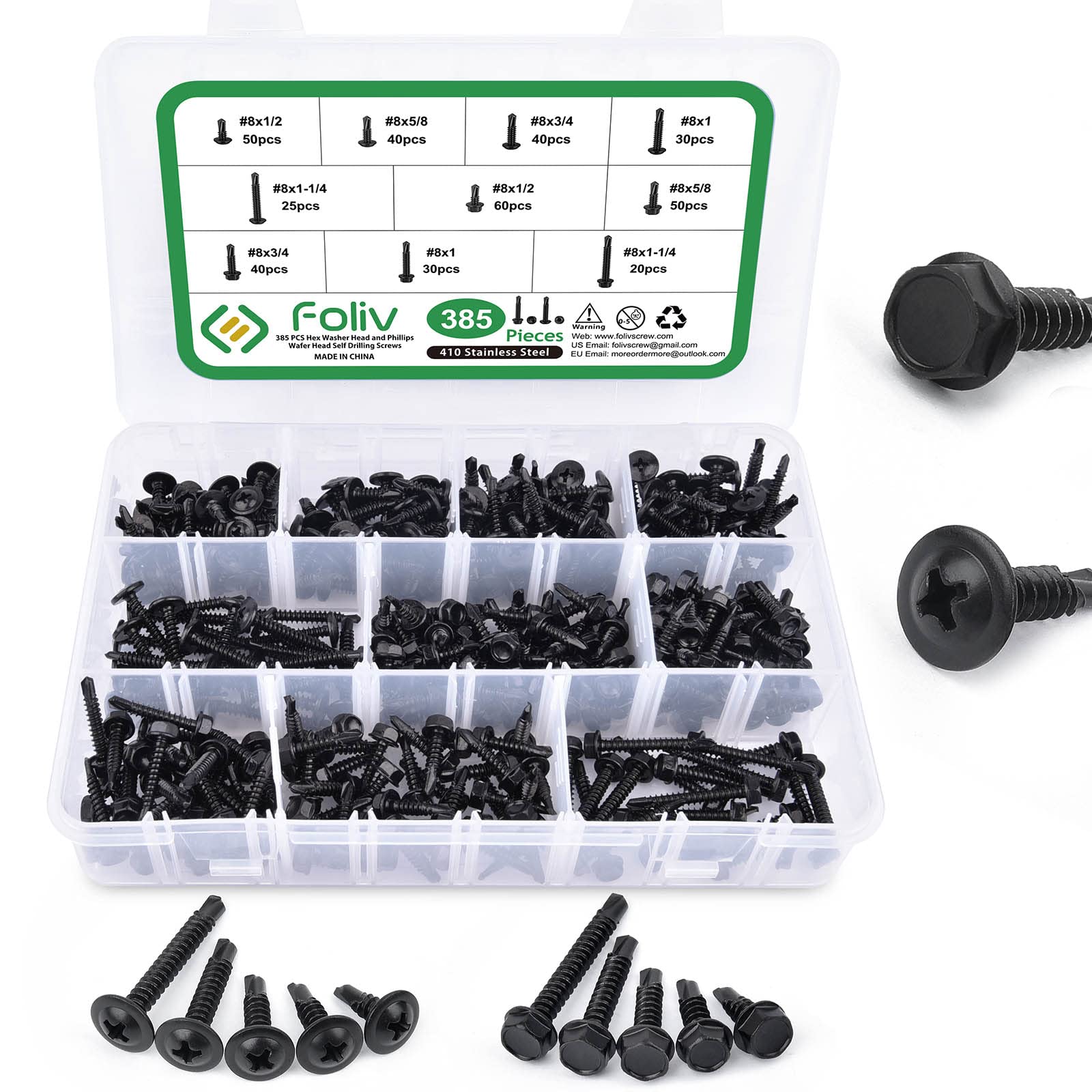 FOLIV 385PCS #8 Self Drilling TEK Screw Assortment Kit, 410 Stainless Steel Black Self Tapping Tcrews, Hex Washer Head & Modified Truss Head Black Screws, Length 1/2" to 1-1/4"