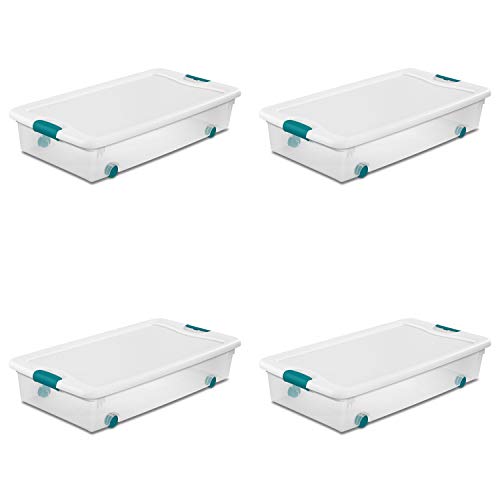 Sterilite 56 Qt./53 L Wheeled Latching Box Clears, Quart, White, 4 Piece & 19859806, 30 Quart/28 Liter Ultra Latch Box, Clear with a White Lid and Black Latches, 6-Pack