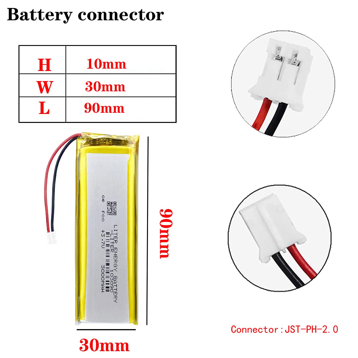 Liter energybattery 3.7V Lipo Battery 3000mAh Rechargeable Lithium ion Polymer Battery 103090 Lithium Polymer ion Battery with JST Connector