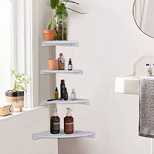 WGFKVAS Corner Shelf Wall Mounted Set of 4, White Corner Shelves, Floating Corner Bookcase, Wall Storage Shelves for Wall Decor Living Room, Bedroom, Bathroom, Rustic, Solid Wood
