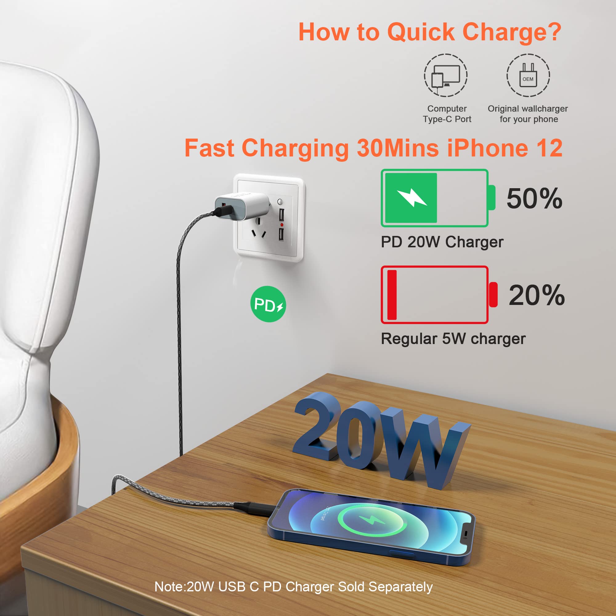Extra Long USB C to Lightning Cable 20Ft/6M [Apple MFi Certified] iPhone Fast Charger Cable USB-C Power Delivery Fast Charging Cord 3A (max) for iPhone 13/12/11/XS/X/8