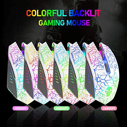 KUIYING Gaming Keyboard and Mouse Combo,RGB Rainbow Backlit Keyboard with PC Wired Keyboard+2400DPI 6 Buttons Rainbow LED Gaming Mouse+Mouse Pads for PC PS4 (White), 20.9 x 6.1 x 2.1