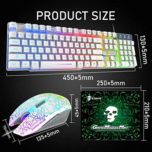 KUIYING Gaming Keyboard and Mouse Combo,RGB Rainbow Backlit Keyboard with PC Wired Keyboard+2400DPI 6 Buttons Rainbow LED Gaming Mouse+Mouse Pads for PC PS4 (White), 20.9 x 6.1 x 2.1