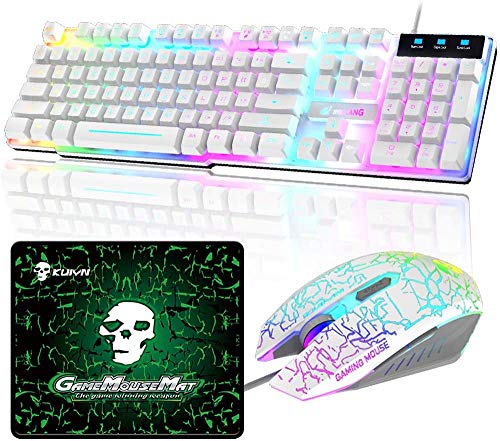 KUIYING Gaming Keyboard and Mouse Combo,RGB Rainbow Backlit Keyboard with PC Wired Keyboard+2400DPI 6 Buttons Rainbow LED Gaming Mouse+Mouse Pads for PC PS4 (White), 20.9 x 6.1 x 2.1