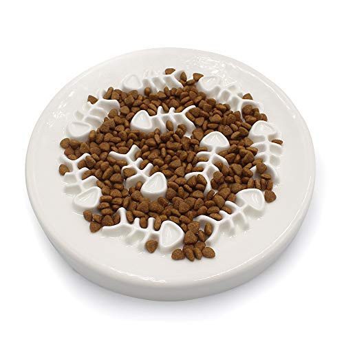 Slow Feeder Cat Bowl,Cat Puzzle Feeder Ceramic Dish with Fish Bone Design,Fun Interactive Slow Down The Eating Speed of Pets,Against Bloat,Indigestion