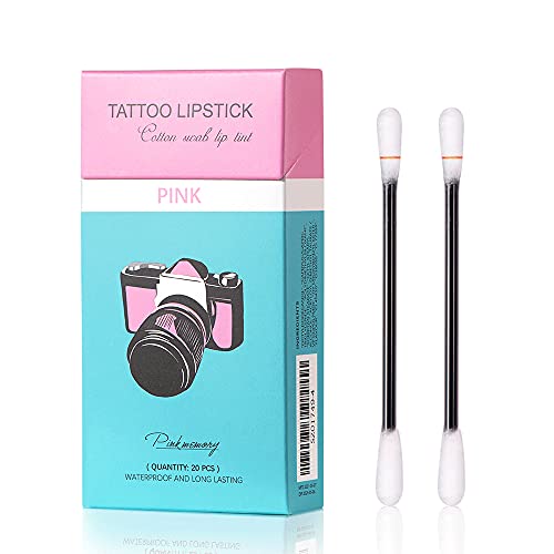 Carlos-CCC 20Pcs Tattoo Lipstick Cotton Swab Lip Tint, Tattoo Lipstick Cotton Swab Lip Gloss, Durable Waterproof Liquid Non-Stick Lipstick (Pink)