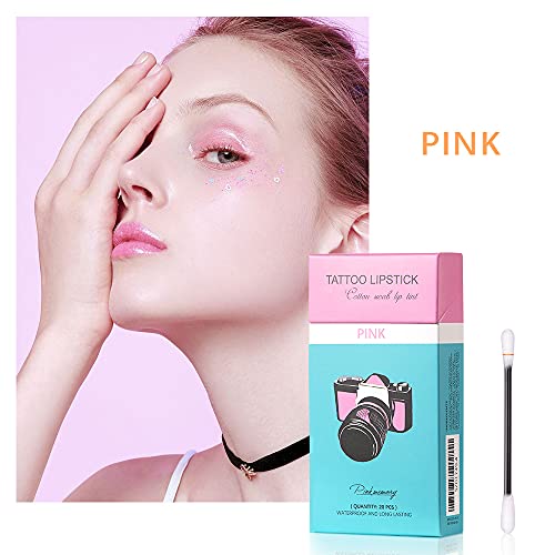 Carlos-CCC 20Pcs Tattoo Lipstick Cotton Swab Lip Tint, Tattoo Lipstick Cotton Swab Lip Gloss, Durable Waterproof Liquid Non-Stick Lipstick (Pink)