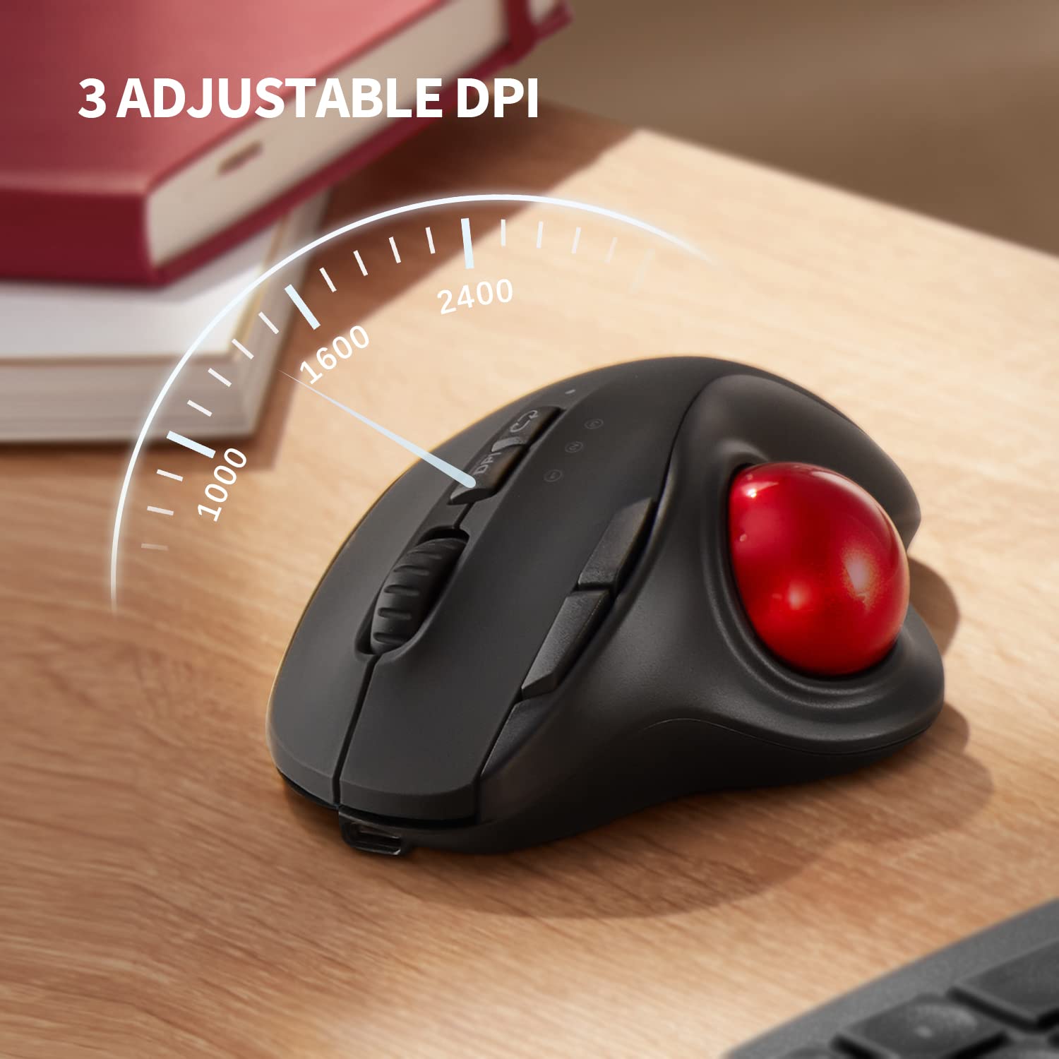 KKUOD 2.4G+Dual Bluetooth Wireless Trackball Mouse, 3-Device Connection Ergonomic Mouse, Rechargeable Ergo Mouse with USB-C Port and 3 DPI, Thumb-Operated Mouse for PC Computer Laptop Tablet