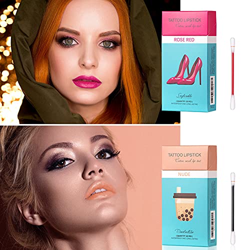 Carlos-CCC 20Pcs Tattoo Lipstick Cotton Swab Lip Tint, Tattoo Lipstick Cotton Swab Lip Gloss, Durable Waterproof Liquid Non-Stick Lipstick (Pink)