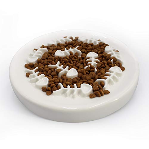 Slow Feeder Cat Bowl,Cat Puzzle Feeder Ceramic Dish with Fish Bone Design,Fun Interactive Slow Down The Eating Speed of Pets,Against Bloat,Indigestion