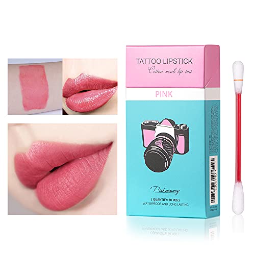 Carlos-CCC 20Pcs Tattoo Lipstick Cotton Swab Lip Tint, Tattoo Lipstick Cotton Swab Lip Gloss, Durable Waterproof Liquid Non-Stick Lipstick (Pink)