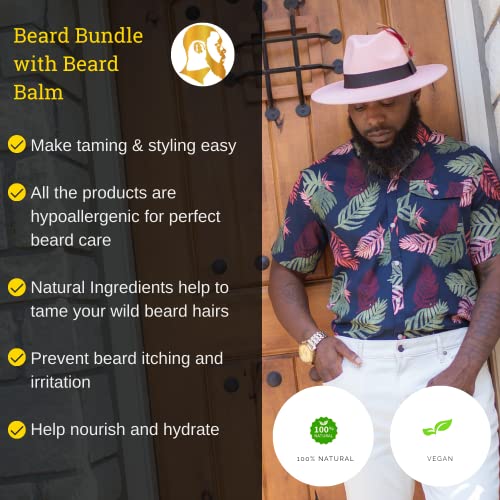 Yulaw Naturals Black Beard Brigade Tanzanian Sun Premium Black Beard Bundle with Balm - All Natural Ingredients - Softens & Strengthens Beard Hair & Skin - Beard Care Kit for Men