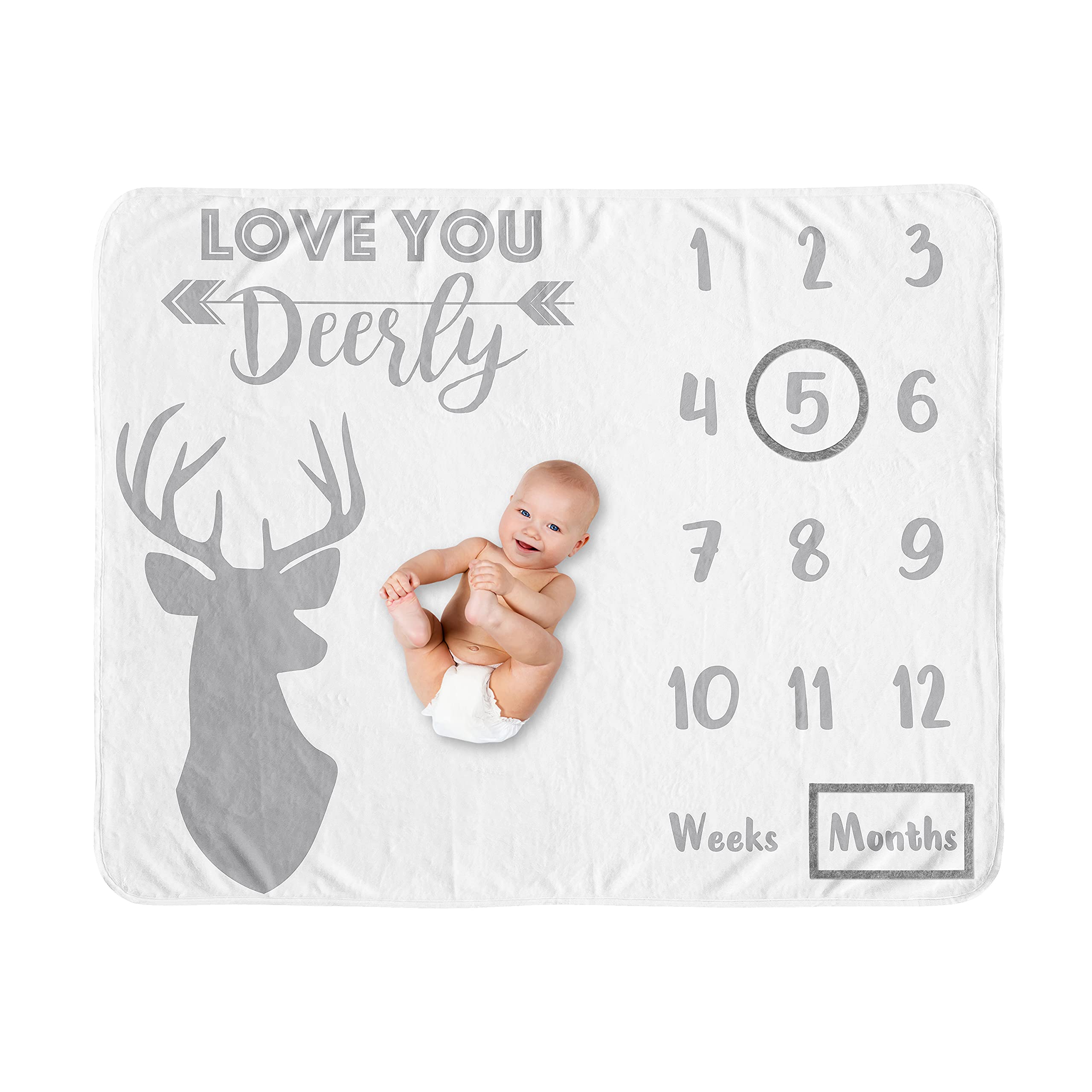 Sweet Jojo Designs Grey Woodland Deer Boy Milestone Blanket Monthly Newborn First Year Growth Mat Baby Shower Memory Keepsake Gift Picture - Gray and White Stag Forest Animal Love You Deerly