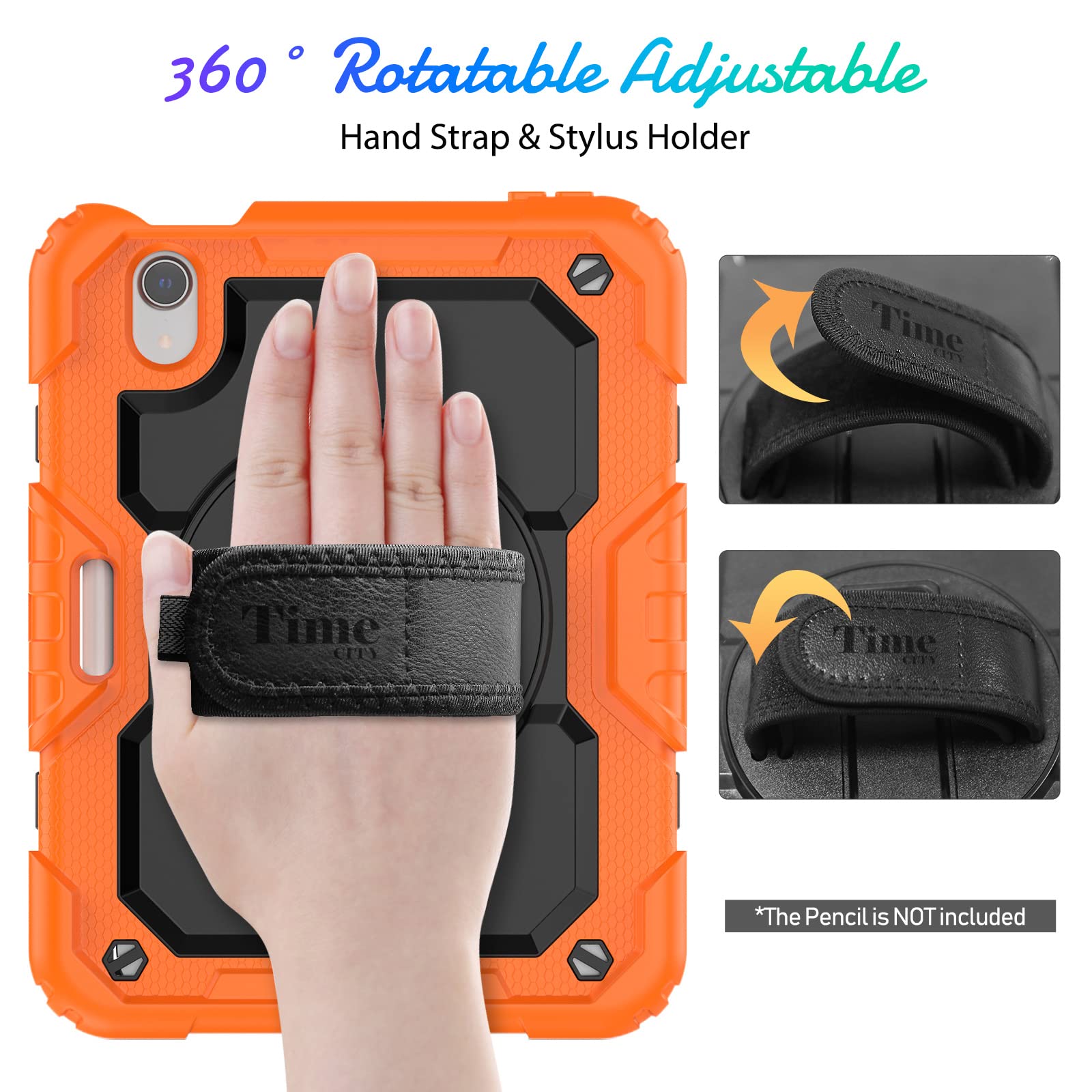 timecity Case for iPad Mini 7th/6th Generation 2024/2021 8.3 inch, Full-body Protective Case for iPad Mini 7/ Mini 6 with Screen Protector Pencil Holder Swivel Stand Hand/Shoulder Strap Case- Orange
