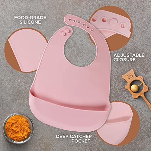 Baby Pick Silicone Bibs For Babies- BPA-Free Waterproof Bib With Pocket- Dishwasher Safe Feeding Bib With Food Catcher (Pink)