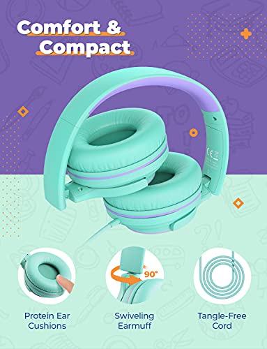 iClever 2 Pack Kids Headphones with Microphone - 94dB Safe Volume Limited - HS22 Wired Headphones for Kids Teens with Sharing Splitter, Tangle-Free Foldable Stereo Headset for School/Tablet/Travel