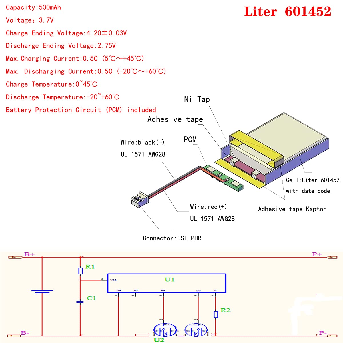 Liter energybattery 3.7V Lipo Battery 500mAh Rechargeable Lithium ion Polymer Battery 601452 Lithium Polymer ion Battery with JST Connector