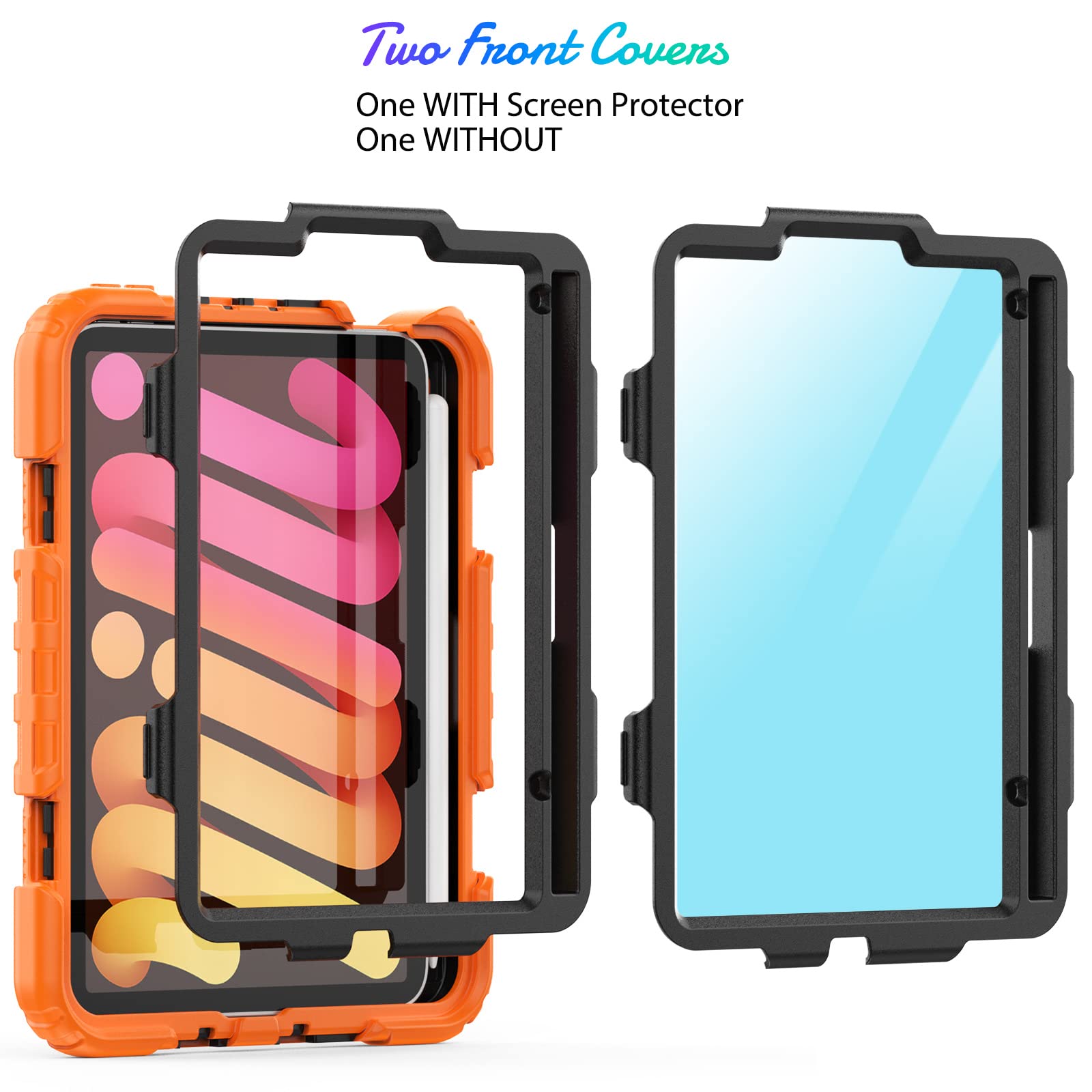 timecity Case for iPad Mini 7th/6th Generation 2024/2021 8.3 inch, Full-body Protective Case for iPad Mini 7/ Mini 6 with Screen Protector Pencil Holder Swivel Stand Hand/Shoulder Strap Case- Orange