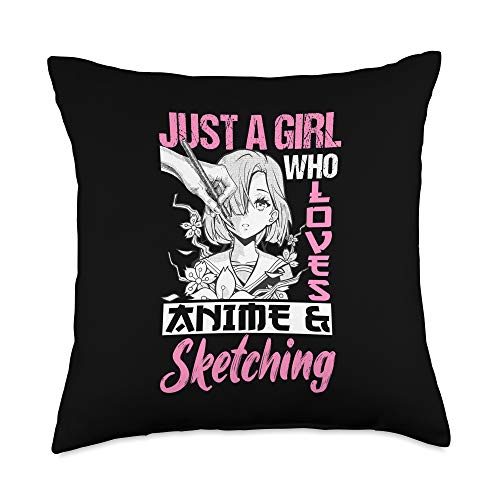 Funny Sketching Manga Anime Merch Women Men Kids Otaku Gift Just A Girl Who Loves Anime and Sketching Throw Pillow, 18x18, Multicolor