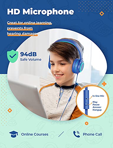 iClever 2 Pack Kids Headphones with Microphone - 94dB Safe Volume Limited - HS22 Wired Headphones for Kids Teens with Sharing Splitter, Tangle-Free Foldable Stereo Headset for School/Tablet/Travel