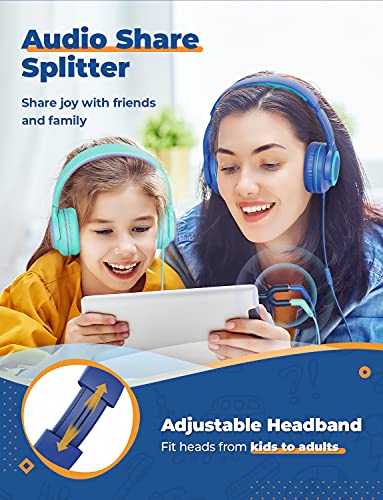 iClever 2 Pack Kids Headphones with Microphone - 94dB Safe Volume Limited - HS22 Wired Headphones for Kids Teens with Sharing Splitter, Tangle-Free Foldable Stereo Headset for School/Tablet/Travel
