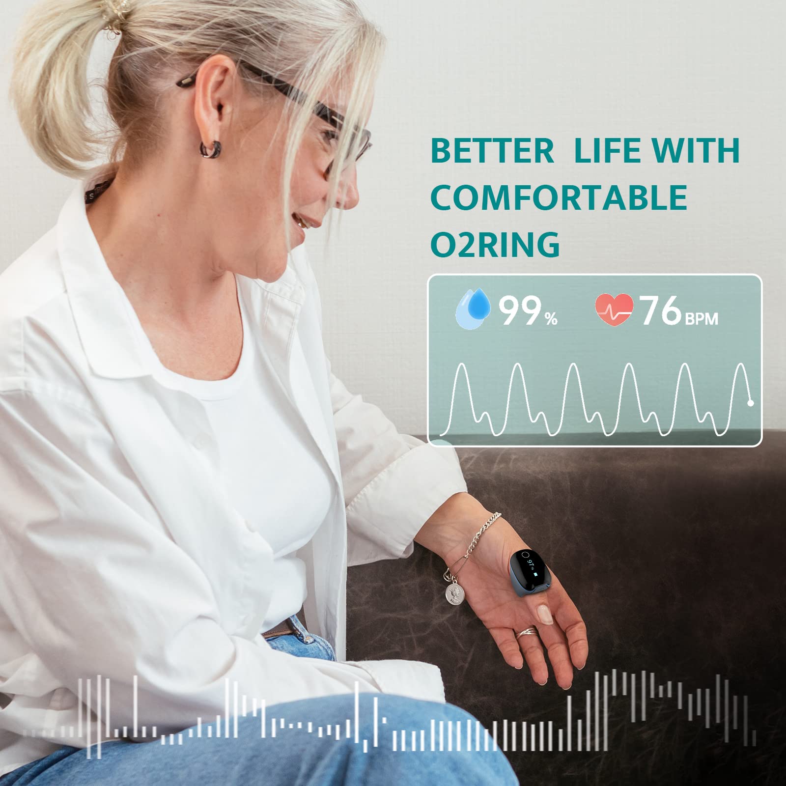 Wellue O2ring Pulse Oximeter - Rechargeable Bluetooth Oxygen Saturation Monitor with Reminder| Wearable O2 Meter Continuous Tracking of Oxygen Level and Pulse Rate with Free APP & PC Software