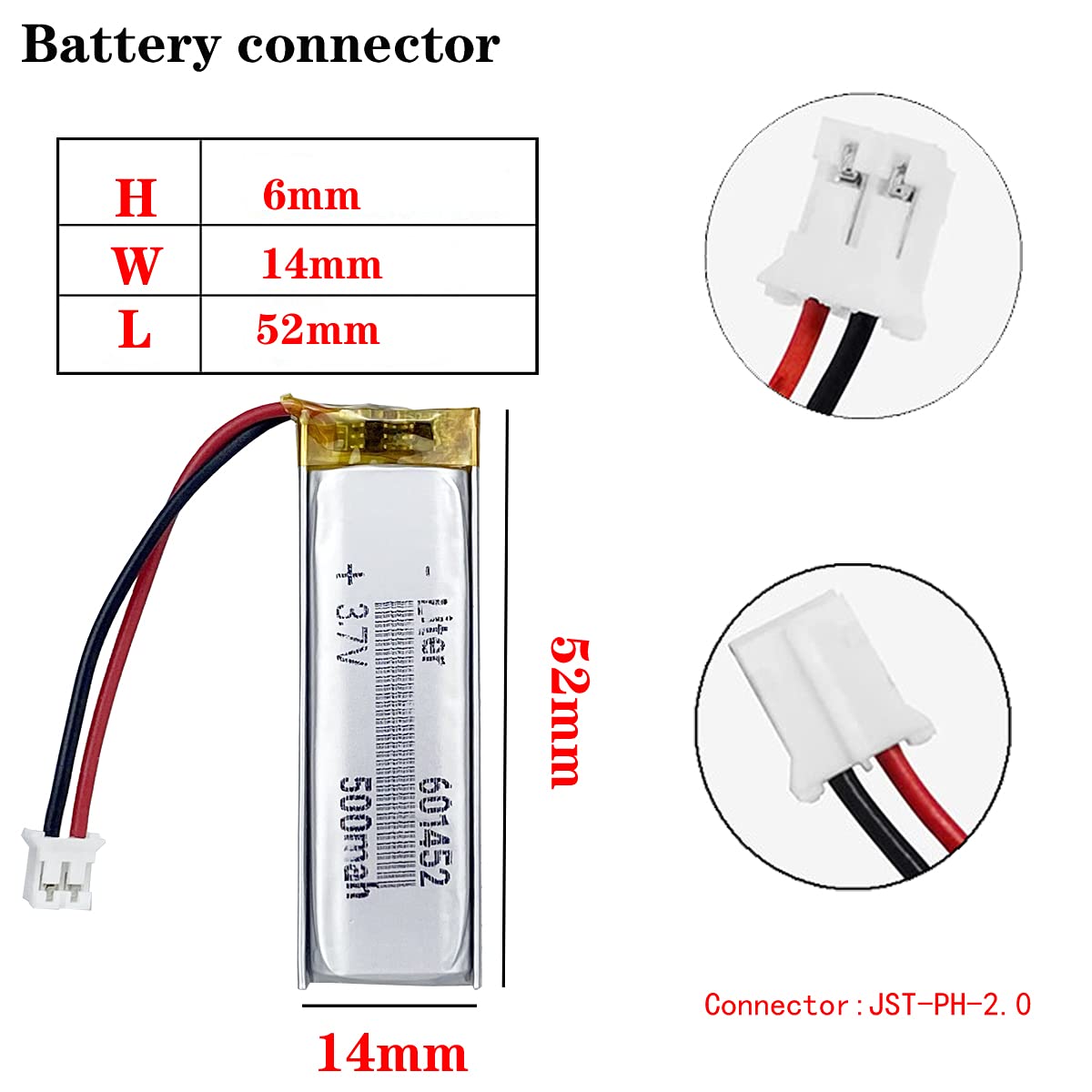 Liter energybattery 3.7V Lipo Battery 500mAh Rechargeable Lithium ion Polymer Battery 601452 Lithium Polymer ion Battery with JST Connector