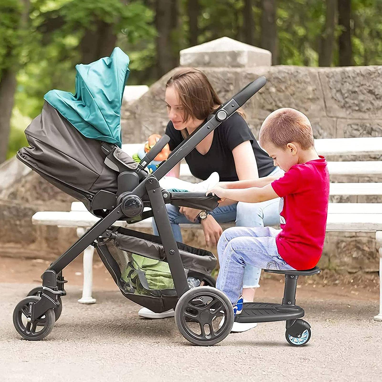 Rhinoon 2 in 1 Stroller Board with Seat, Comfortable Wheeled Board Stroller Pedal, Universal Adjustable Buggy Board, Fits Most Strollers On The Market, Under 55 Pounds, Blue