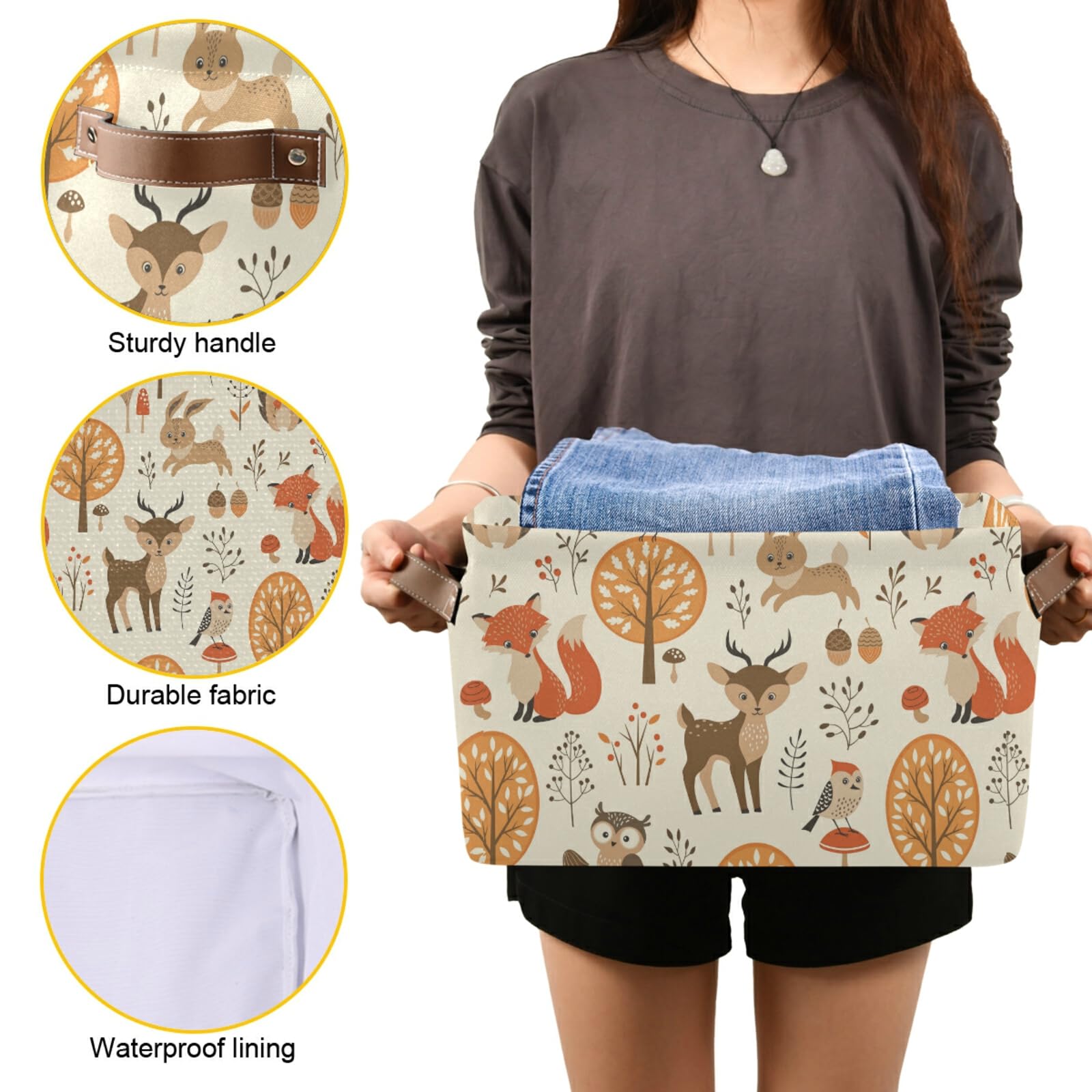 ALAZA Rectangular Storage Bins with Handles,Collapsible Autumn Forest Jungle Animal Fox Deer Rabbit Laundry Hamper Storage Box for Toy Bins,Gift Baskets Bedroom,Clothes,Pack 1