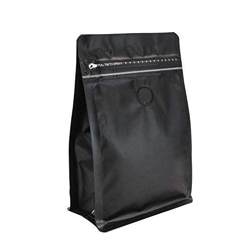 Idealux Black Coffee Bags with Valve, Aluminum Foil High Barrier bags, 0.5 lb Square Bottom Stand Up Pouches, Zip Lock Stand Up coffee Bags, Reusable Food Storage Bags 50pcs 8 OZ