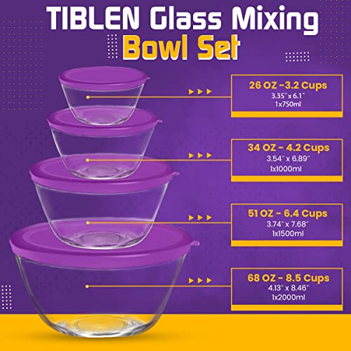 TIBLEN [4-Pack] Glass Mixing Bowl Set, Stackable Nesting Bowls, Food Storage and Meal Prep Containers with Lids, Kitchen, Home, Safe for Microwave, Freezer, BPA Free