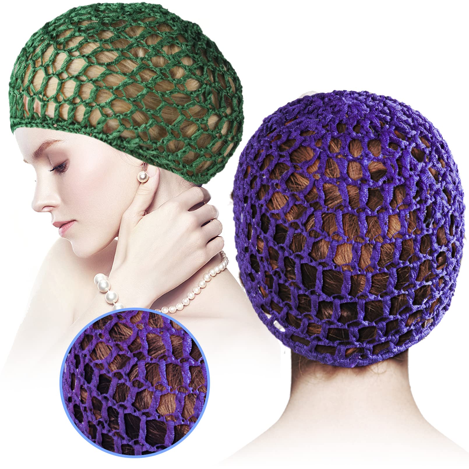 CACASO 5Pcs Mesh Hair Covers - Crocheted Snood Hats for Sleeping, Soft Rayon Knit Snoods in Pink, Black, Blue, Purple, Green