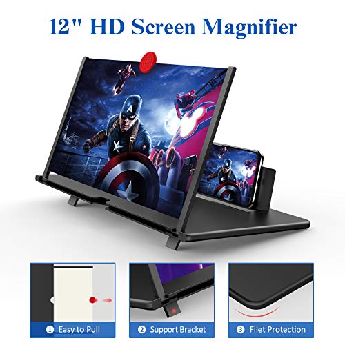 12" Screen Magnifier – 3D HD Cell Phone Magnifing Screen Enlarger Projector for Movies Videos and Gaming – Foldable Phone Stand Holder with Screen Amplifier Compatible with All Smartphones