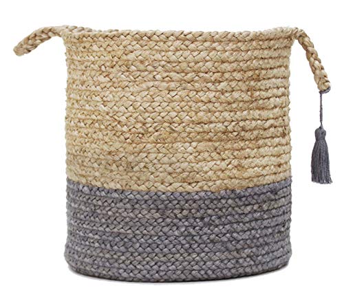 LR Home Two-Tone Natural Jute Woven Decorative Storage Handles Baskets, 17" x 17" x 17", Tan/Gray