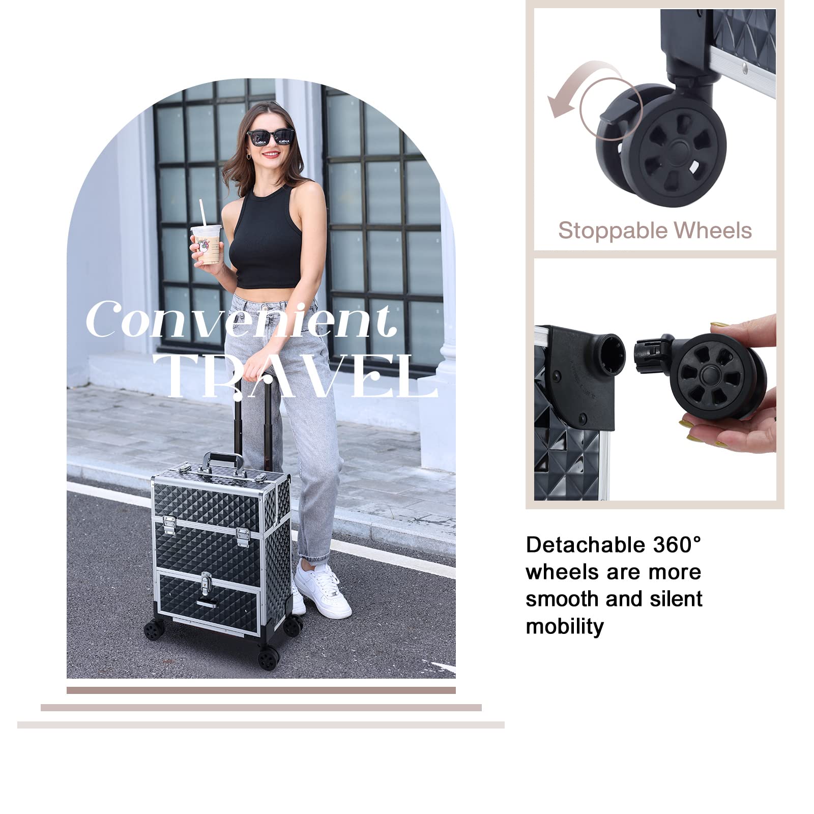 Adazzo Professional Rolling Makeup Case for Makeup Artists Multi-functional Cosmetic Train Case Large Storage Case for Nail Technicians Cosmetology Case with Compartments for Hairstylist