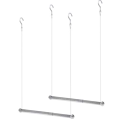 2 Pieces Hanging Closet Rod, Adjustable Width and Height, Clothes Hanging Bar Closet Organizer Rod Double Closet Rod Poles for Hanging Clothes Indoor Outdoor Closet Space-Saving (Stainless Steel)