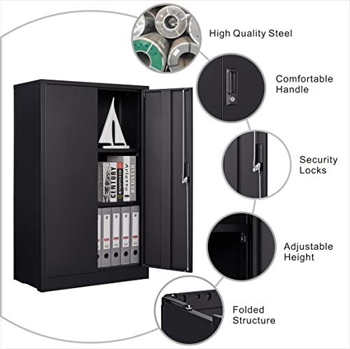 GREATMEET Metal Storage Cabinet with Locking Doors, Metal Cabinet with 2 Adjustable Shelves, Office Garage Steel Storage Cabinet with Door and Shelf(3 Shelves, Black)