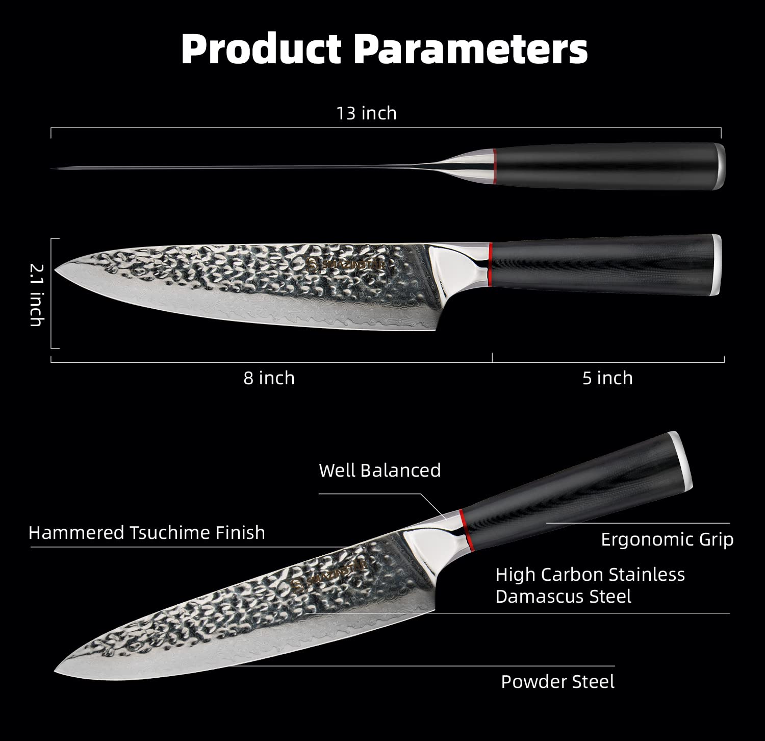 S SMAZINSTAR Chef Knife 8 inch Kitchen Knife Premium Sharp Cooking Knife HC German Stainless Steel Japanese Knife for Home Kitchen and Restaurant, Hand-Hammered, Ergonomic Handle, Gift Box