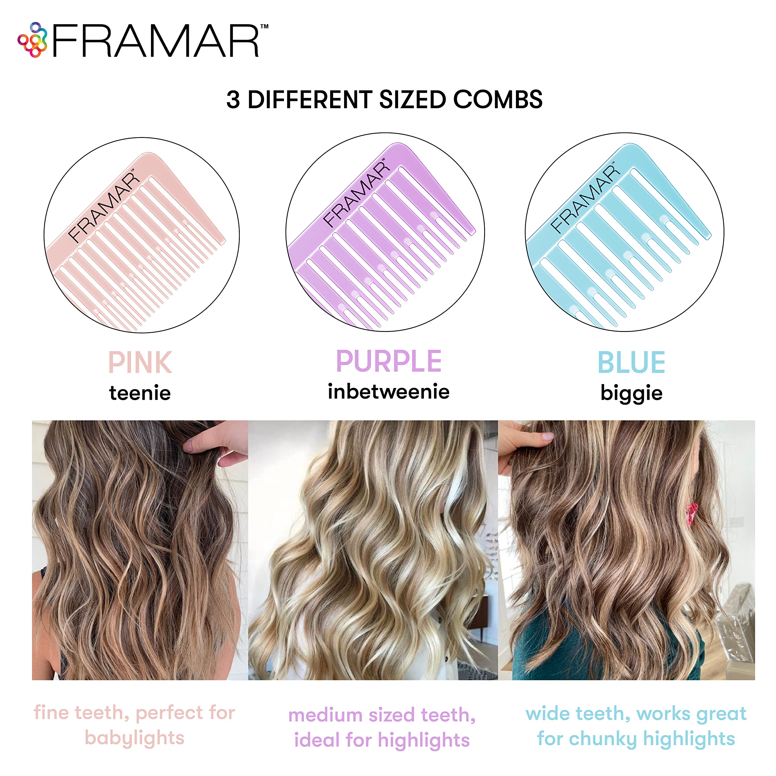 Framar Dreamweaver Highlight Comb Set β Combs for Hair Stylist, Highlighting Comb, Hair Dye Comb, Hair Highlighter Comb with Metal Pick, Balayage Comb - 3 Pack Pastel