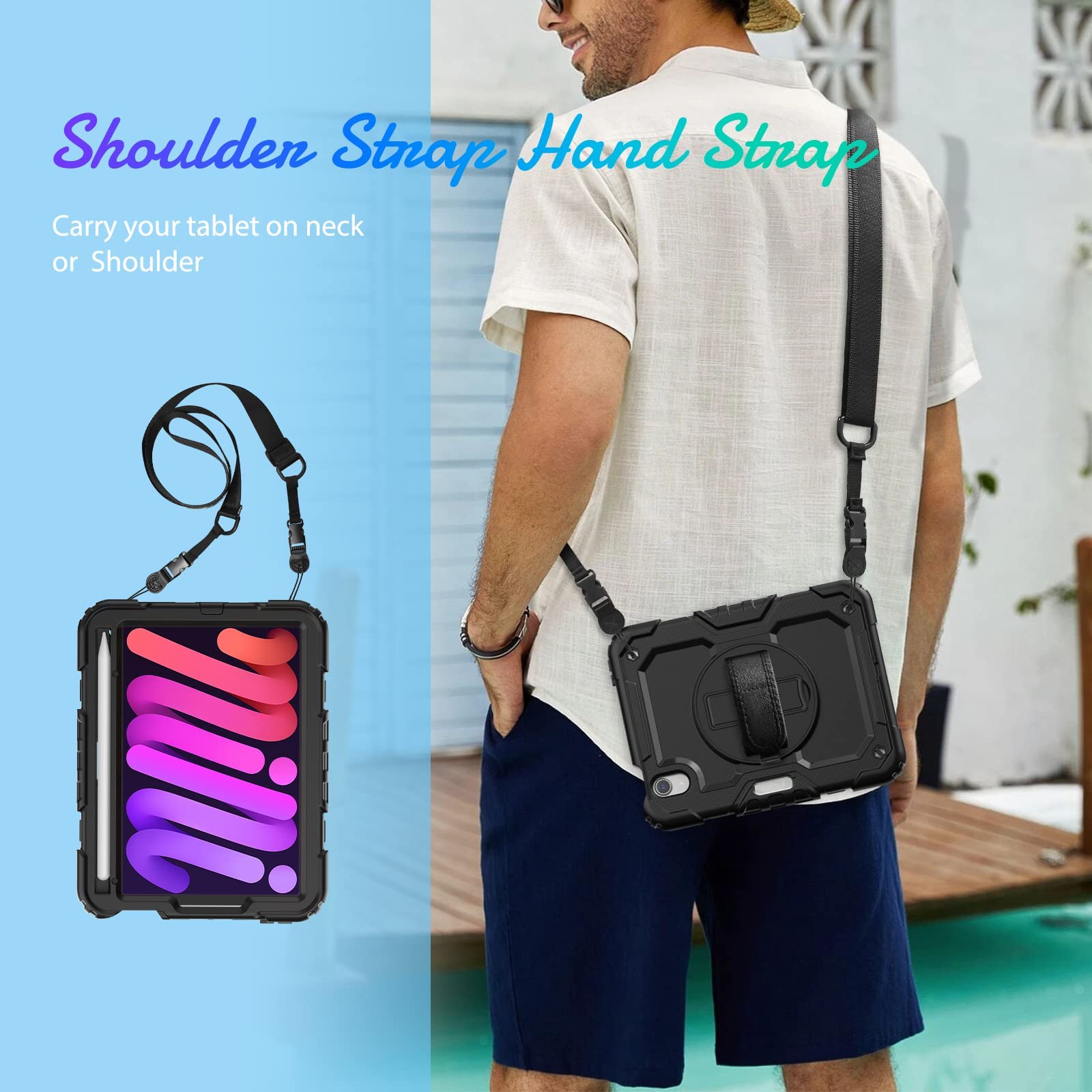 iPad Mini 6 Case 8.3 Inch 2021 with Pencil Holder & Screen Protector for Kids Boys Girls & Business | AVAKOT Protective Shockproof iPad Case for Mini 6th Gen w/Hand Shoulder Strap for Car | Black