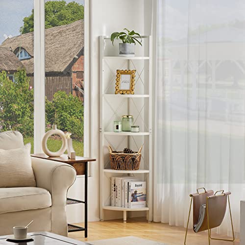 Fiona's magic 5-Tier Corner Shelf Stand, Tall Corner Bookshelf Corner Plant Stand, Corner Storage Shelves for Living Room, Home Office, Small Space, White
