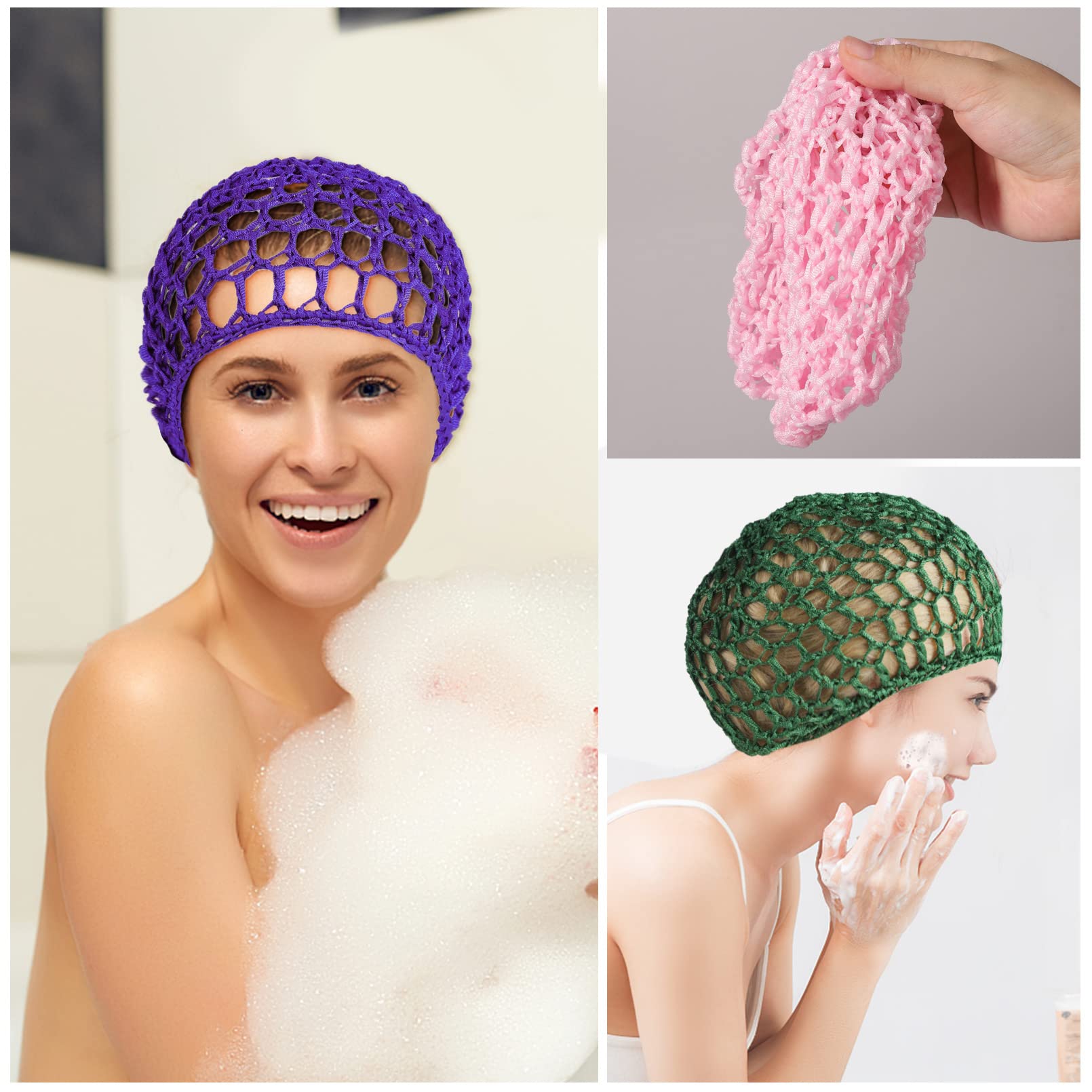 CACASO 5Pcs Mesh Hair Covers - Crocheted Snood Hats for Sleeping, Soft Rayon Knit Snoods in Pink, Black, Blue, Purple, Green