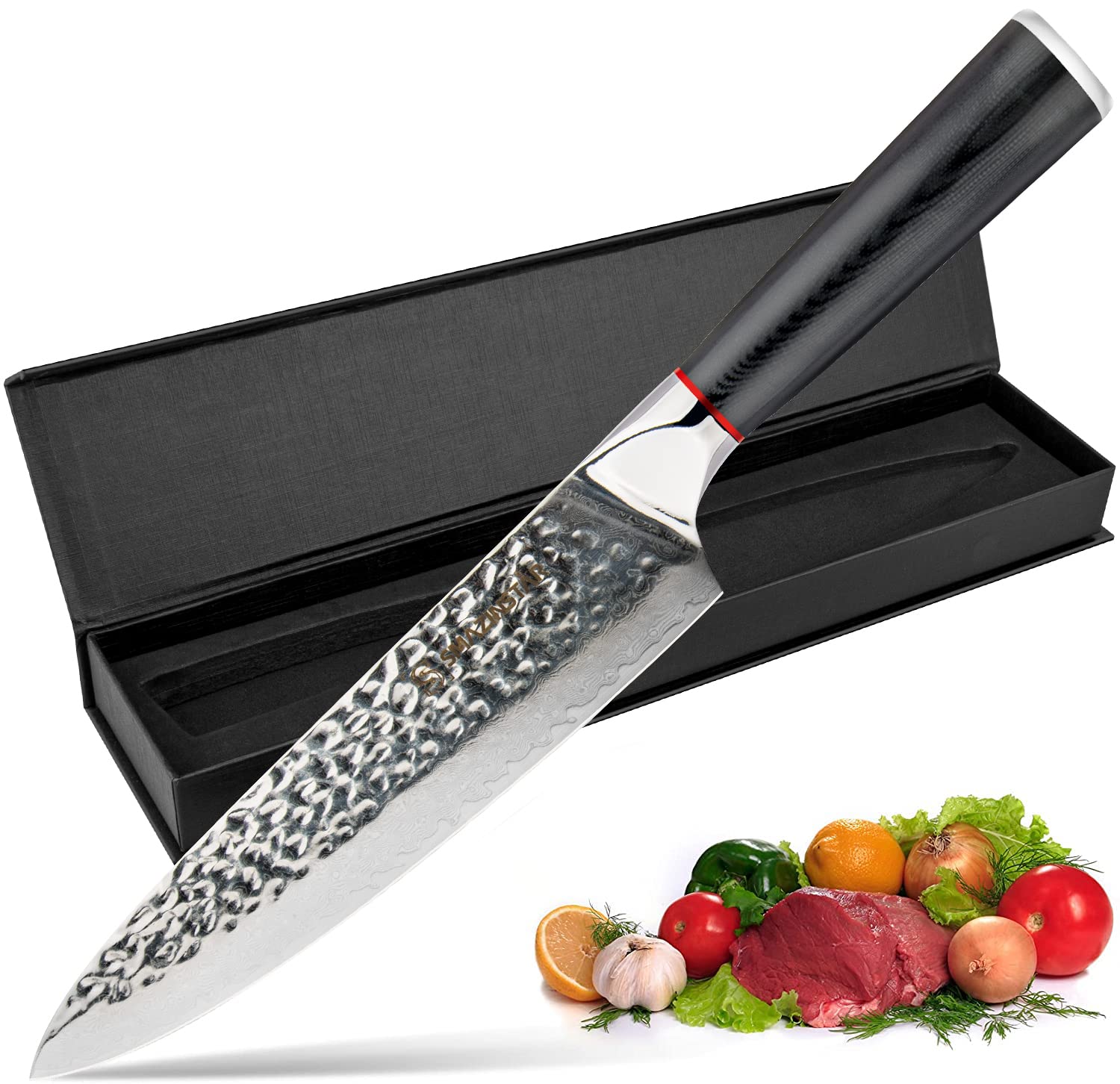 S SMAZINSTAR Chef Knife 8 inch Kitchen Knife Premium Sharp Cooking Knife HC German Stainless Steel Japanese Knife for Home Kitchen and Restaurant, Hand-Hammered, Ergonomic Handle, Gift Box