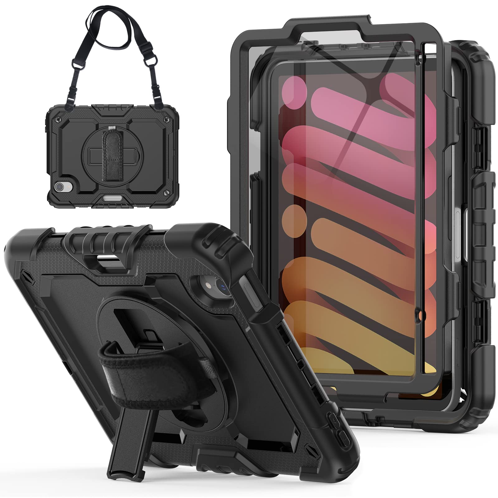 iPad Mini 6 Case 8.3 Inch 2021 with Pencil Holder & Screen Protector for Kids Boys Girls & Business | AVAKOT Protective Shockproof iPad Case for Mini 6th Gen w/Hand Shoulder Strap for Car | Black