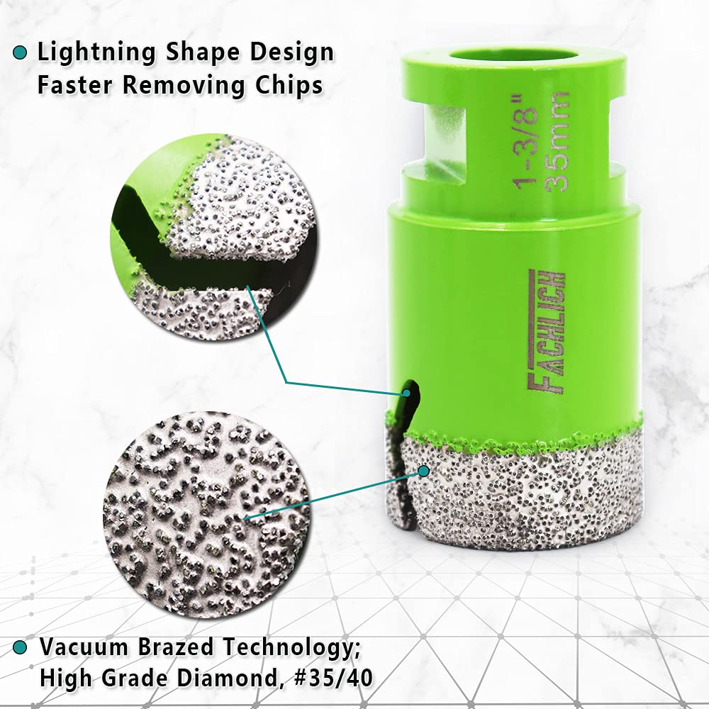 FACHLICH Diamond Core Drill Bits 1-3/8" 35mm 5/8-11 Thread Plus Adapter 5/8"-11 Male to 3/8" Hex Shank,Tile Hole Saws for Porcelain Tile,Granite,Marble,Concrete,Masonry