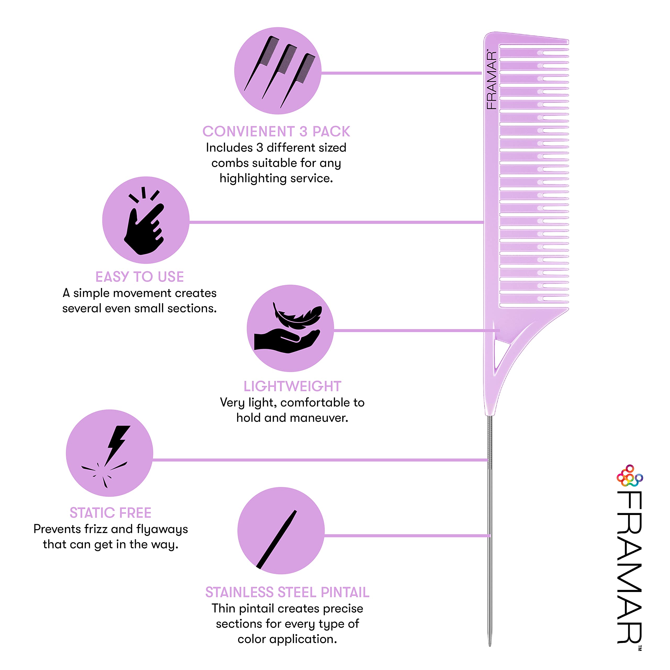 Framar Dreamweaver Highlight Comb Set β Combs for Hair Stylist, Highlighting Comb, Hair Dye Comb, Hair Highlighter Comb with Metal Pick, Balayage Comb - 3 Pack Pastel
