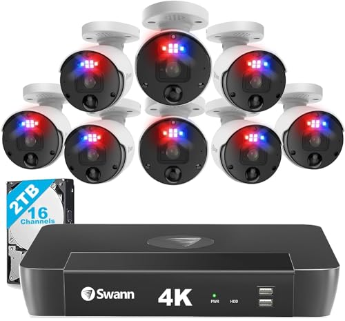 Swann Home Security Camera System with 2TB HDD, 16 Channel 8 Cam, POE Cat5e NVR 4K HD Video, Indoor Outdoor Wired Surveillance CCTV, Color Night Vision, Heat Motion Detection, Flashing LEDs, 1689808