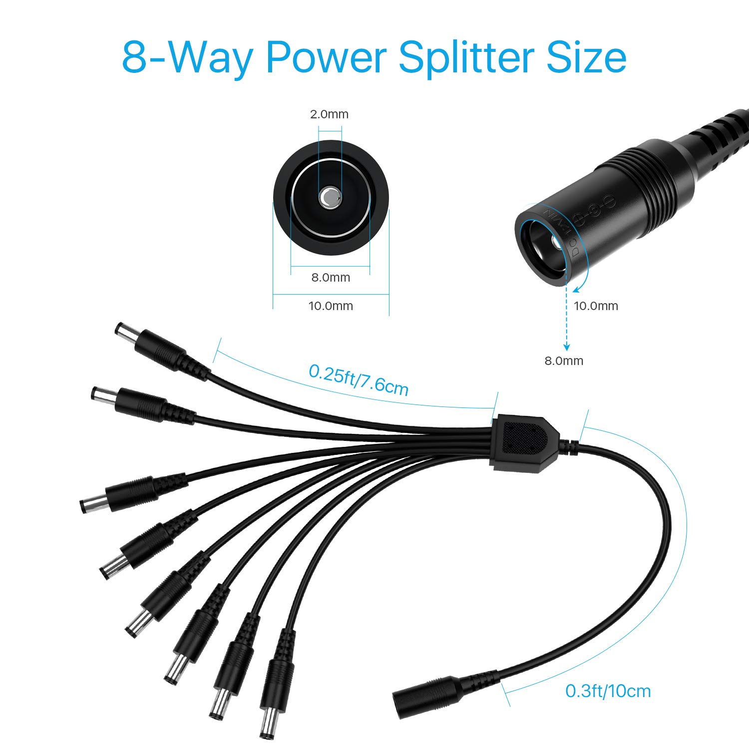ZOSI DC 12V 2A US CCTV Power Supply Adapter and DC 1 Female to 8 Male Output Power Splitter Cable Y Adapter for Security Camera Surveillance System