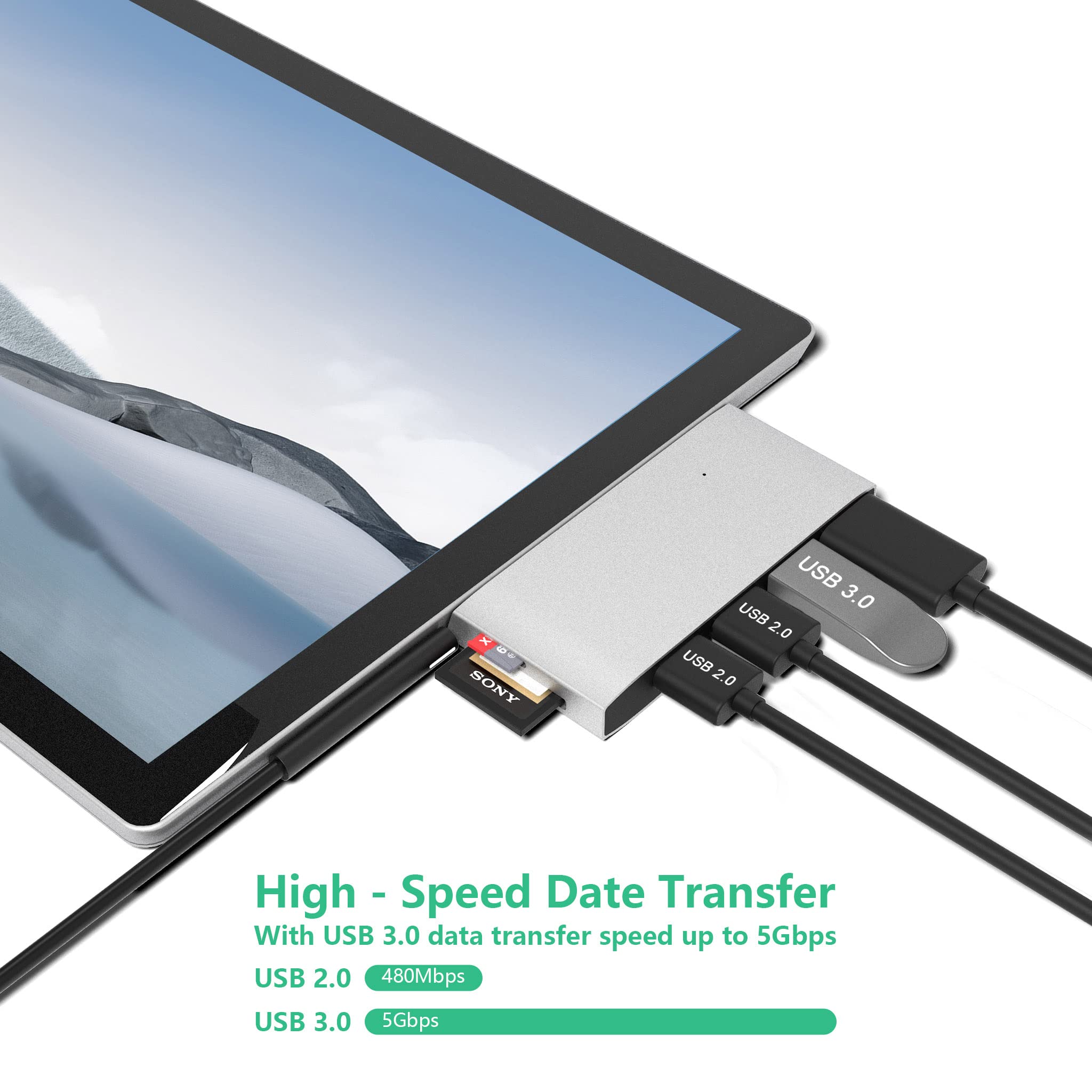 Surface Pro 4/5/6 USB Hub Docking Station, Surface Pro Hub Adapter with 1xUSB3.0 + 2X USB2.0 Ports, SD + TF Card Slot, 4K@30Hz HDMI Port Converter Accessories for Microsoft Surface Pro 6/5/4