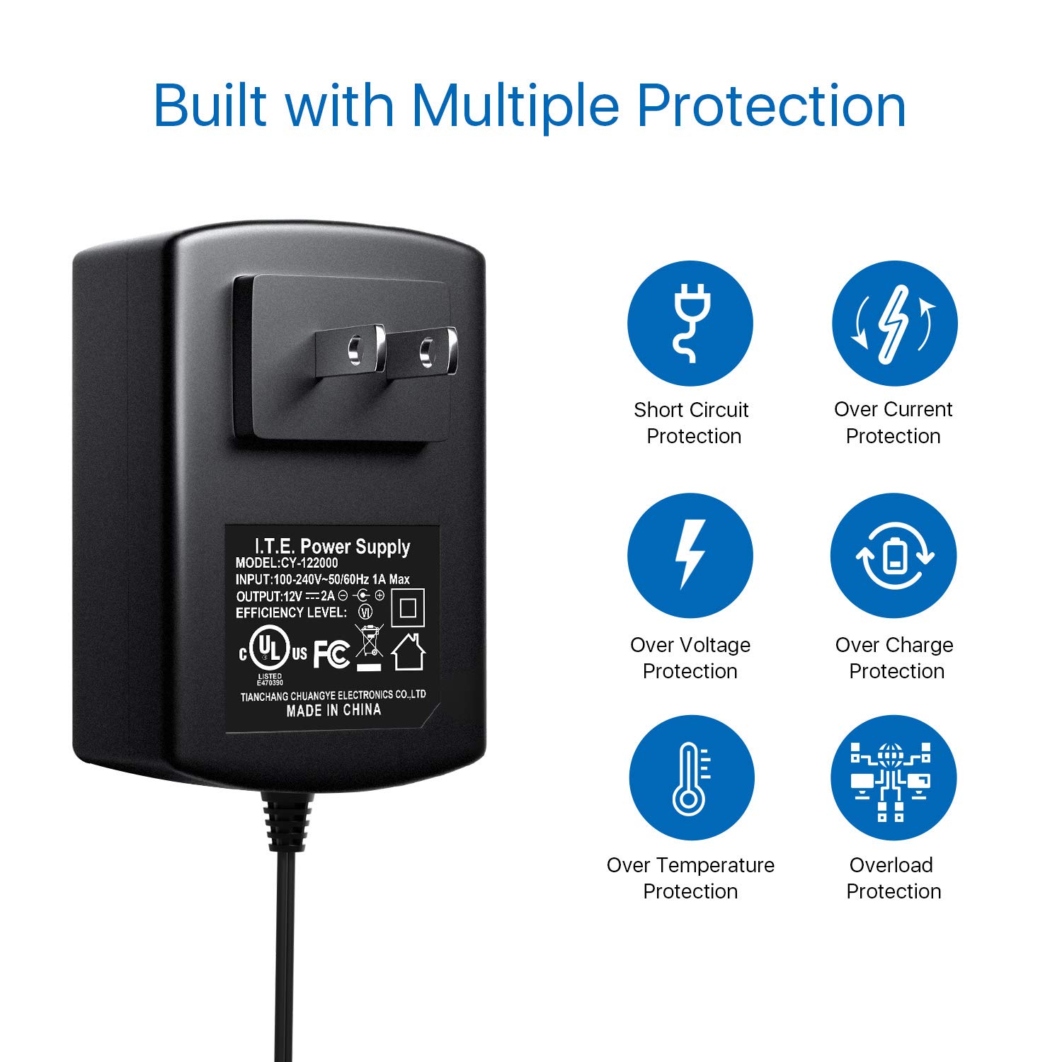 ZOSI DC 12V 2A US CCTV Power Supply Adapter and DC 1 Female to 8 Male Output Power Splitter Cable Y Adapter for Security Camera Surveillance System